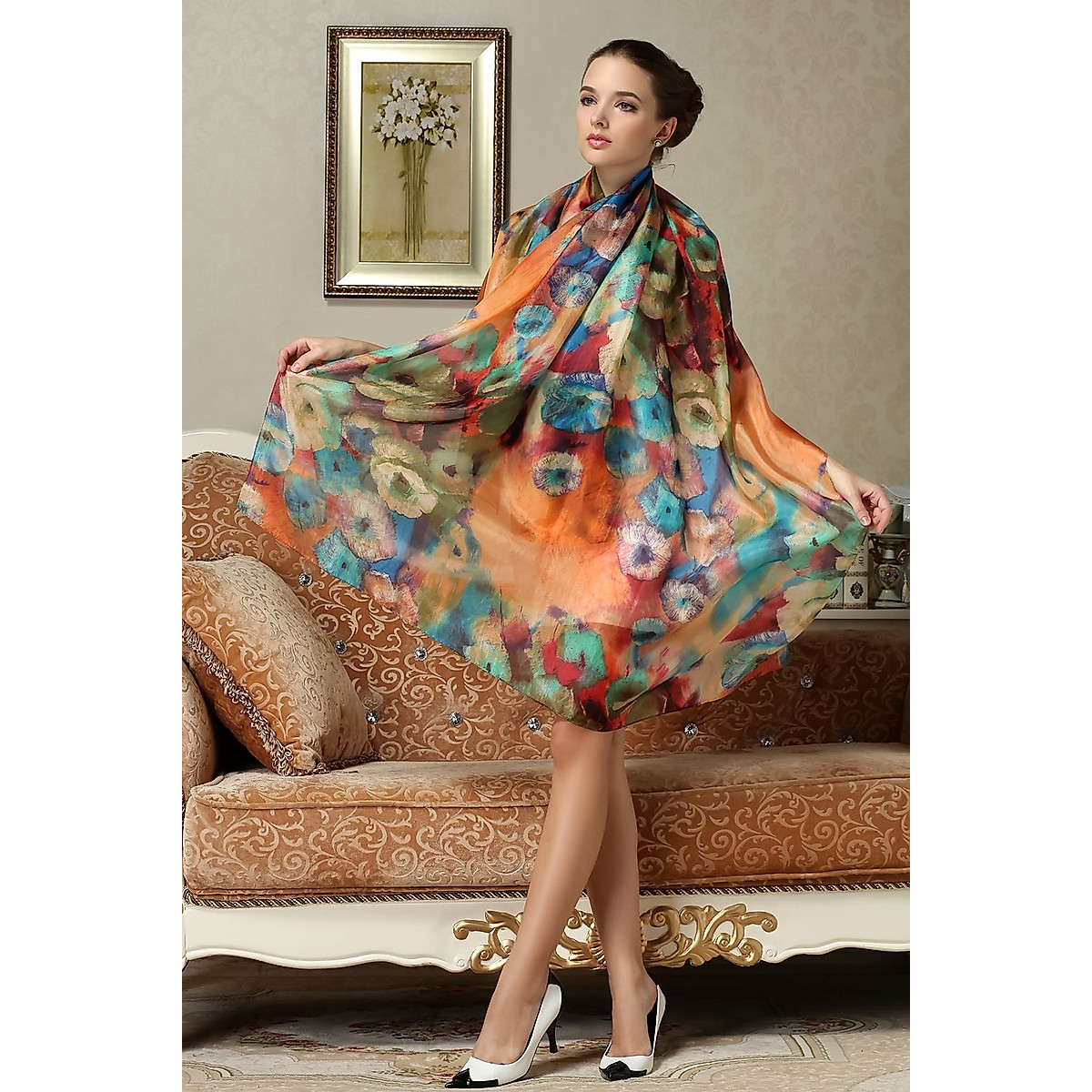 YupURStyle Women Fashion Silk Scarf Oblong Floral Oversize Soft Shawl Beach Wrap (Orange)