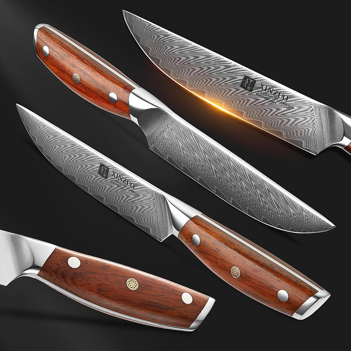 XINZUO Damascus Steel 4Pcs Steak Knife Set, 5 Inch Premium Dinner Knife Set Sharp Kitchen Table Knives -Straight Edge Blade -Triple Rivet -with Gift Box -Ergonomic Rosewood Handle-Yi Series