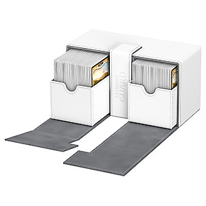 Ultimate Guard Flip 'n' Tray 200+, Deck Case for 200 Double-Sleeved TCG Cards +Dice Tray, White/Grey, Independent Magnetic Closure & Microfiber Lining