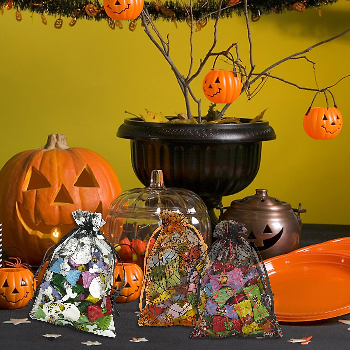 joycraft 50Pcs Halloween Organza Bags, 4x6 inch Halloween Organza Drawstring Bags, Halloween Party Favors Bags for Candy, Snacks, Chocolates, DIY Craft (5 Style)