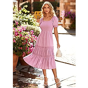 KIRUNDO 2023 Spring Summer Womens Square Neck Smocked Short Puff Sleeve Tiered Midi Dress Solid Casual A Line Flowy Dresses(Solid-Pink, X-Large)