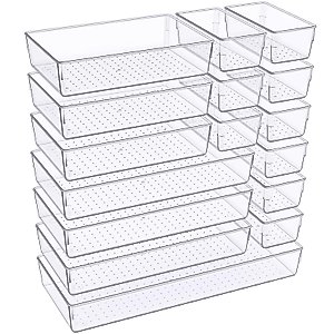 CERMENK 16 Pack Large Clear Drawer Organizer,Bathroom Drawer Organizer Trays,4 Size Plastic Kitchen Drawer Organizer and Storage,Acrylic Vanity Storage Bins for Kitchen Utensils,Office,Makeup