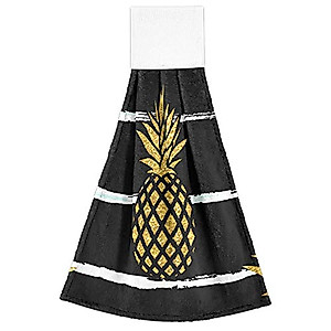 Yellow Gold Golden Glitter Pineapple On White Black Stripes 2 Pcs Hanging Kitchen Hand Towels, Hanging Tie Towels with Hook & Loop Dishcloths Sets, Decorative Absorbent Tea Bar Bath Hand Towel