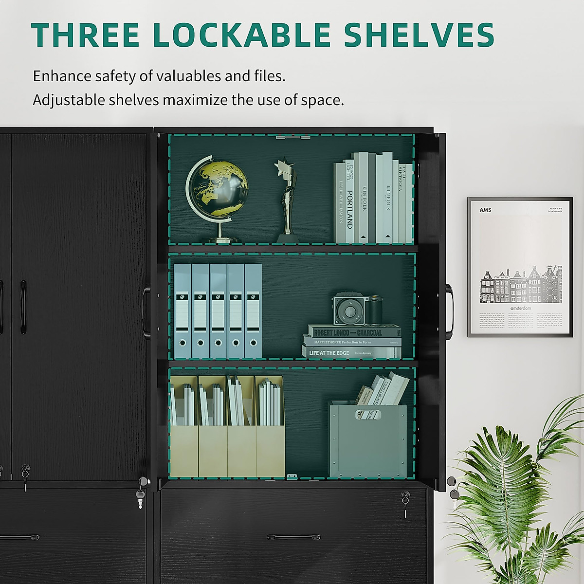 YITAHOME Wood File Cabinets, Heavy Duty Garage Tool Cabinets with Doors & Adjustable Shelves, Big Storage Filing Lockers for Home Office, Living Room, Pantry, Gym, Basement, Warehouse, Black