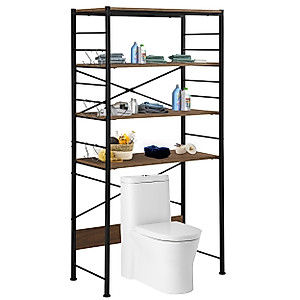PrimeZone Over The Toilet Storage Shelf - 4 Tier Adjustable Metal Bathroom Shelves Organizer with 6 Hooks, Freestanding Above Toilet Storage Rack Waterproof Space Saver for Bathroom Laundry, Black