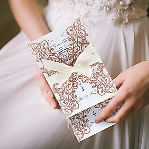 KALOPEZY 50PCS Wedding Invitation,Rose Gold invitations,Gold Powder Floral Laser Cut with Blank Inner Sheet, Envelopes and Ribbons for Party Wedding Engagement Bridal Bridal Shower Invite (Rose Gold)