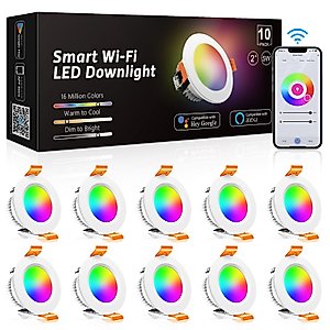 inShareplus Smart Recessed Lighting 2 Inch 10 Pack, WiFi LED Downlight 5W 120V, Dimmable RGBCW 2700-6500K Color Changing, Compatible with Alexa/Google, Ceiling Lights with LED Driver