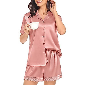 SWOMOG Ladies Pajamas Sets Satin Pajamas Womens Short Sleeve Sleepwear Soft Silky 2 Piece Loungewear Pjs for Bridal