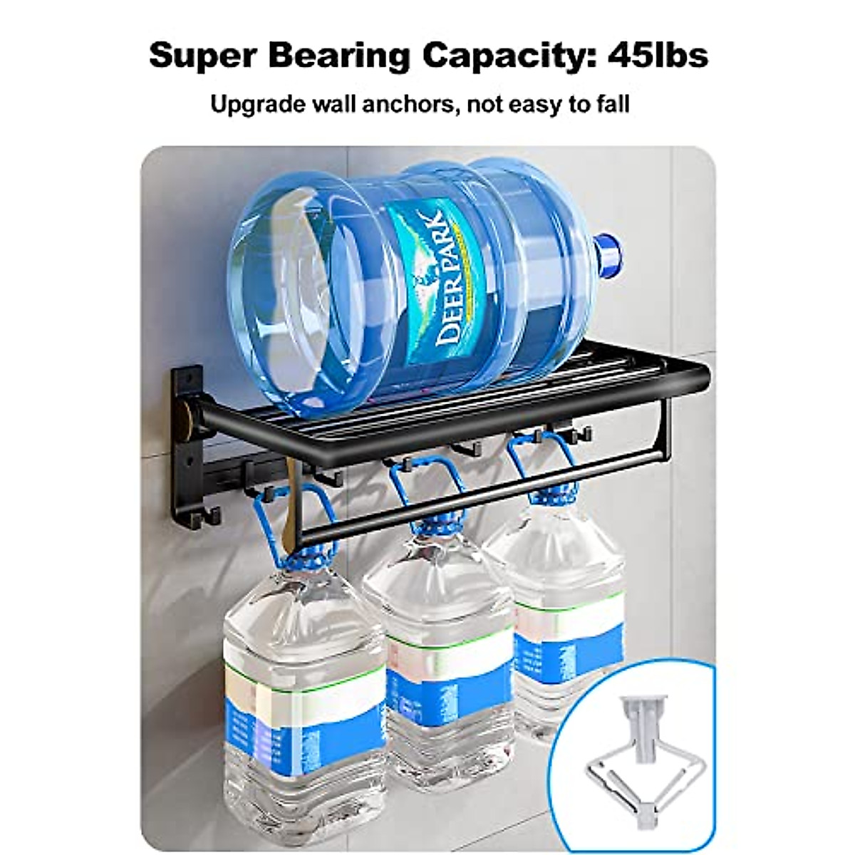 Bathroom Towel Rack, Foldable Towel Racks for Bathroom with 5 Sliding Towel Hooks, Drilling/Adhesive Towel Rack Wall Mounted for Rental/Restroom/Bedroom, Upgrade Wall Anchors, Rustproof, 24in