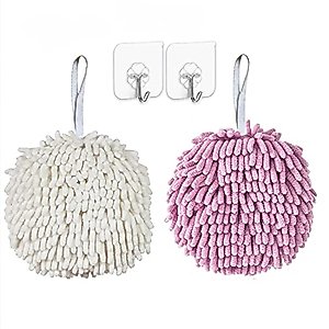 Zapikic Fuzzy Ball Towel 2 Set of Pink and White Quick Dry Hand Bath Towel，Bath Towel Set Decorative Towels for Bathroom Hand Towels with Loop （2 Pack, Pink+White