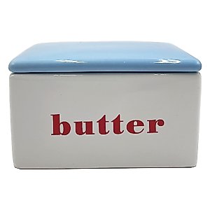 First of a Kind Ceramic Butter Box, Red, White & Blue - Vintage Butter Keeper Dish with Lid - Farmhouse Kitchen Decor - Butter Storage Container for Refrigerator - Butter Holder Container Box