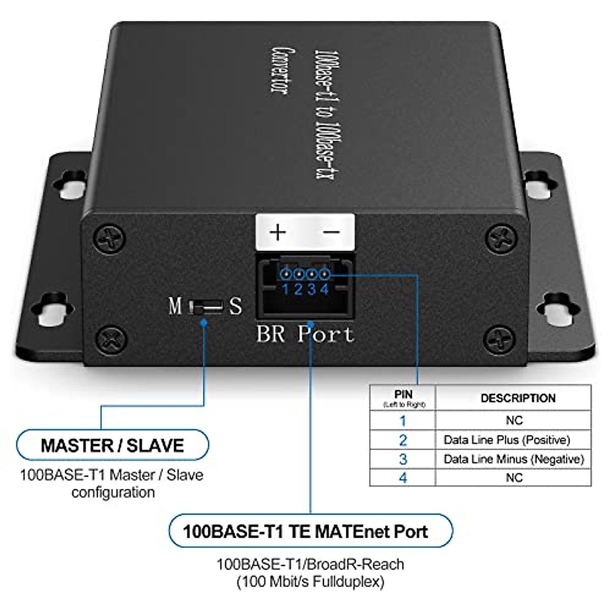 100BASE Ethernet Media Converter Device 2-wire Ethernet BroadR-Reach(100BASE-T1) to Fast Ethernet (100BASE-TX) Automotive IEEE 100BASE-T1 compliant with 100Mbit/s transmit