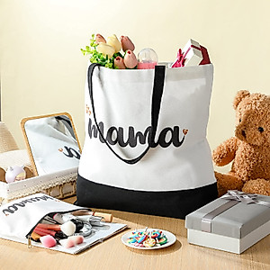 Cunno 2 Pcs Mom Canvas Tote Bag Bag with Makeup Bags, Reusable Tote Bag, Mother of the Bride Tote Bag for Girls Bride Mother (Mama)