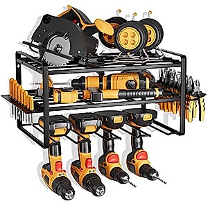 Heavy Duty Floating Tool Shelf Power Tool Organizer Garage Tool Storage Shelf Drill Holder 3 Layers Wall Mounted Storage Rack with Screwdriver Holder Black Suitable for Garage/Workshop