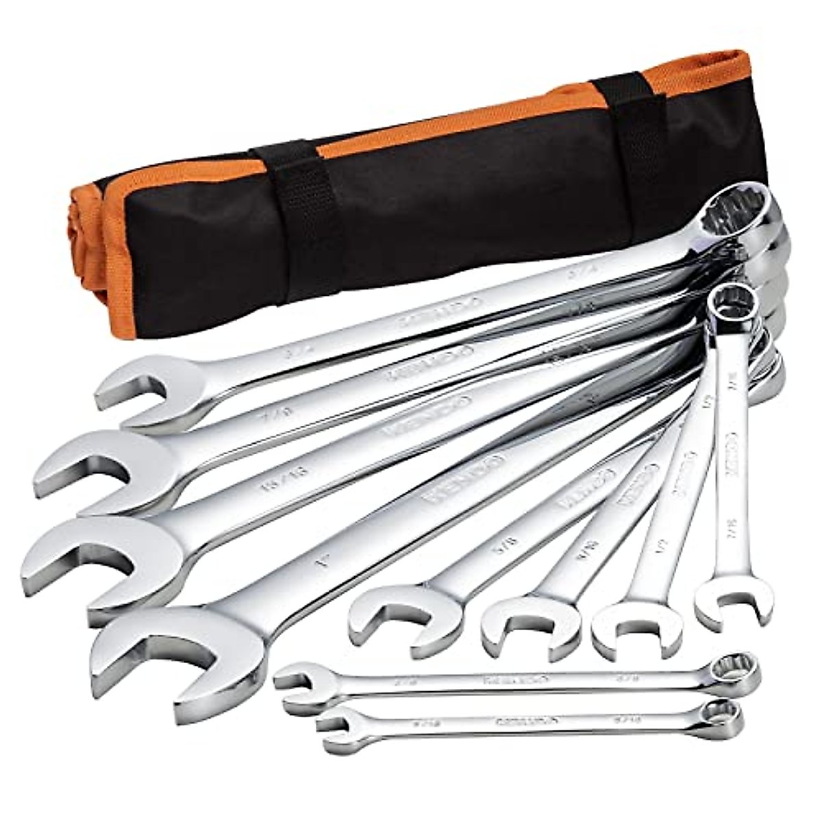 Kendo 10-Pieces Combination Wrench Set – SAE 5/16" up to 1", Chrome Vanadium Steel 12 Point Box and Open Ends Spanner Set for Mechanics – Roll-up Storage Pouch Included