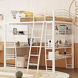 Merax Full Size Loft Bed with 4 Layers of Shelves and L-Shaped Desk, Stylish Metal Frame Bed with a Set of Sockets, USB Ports and Wireless Charging, White