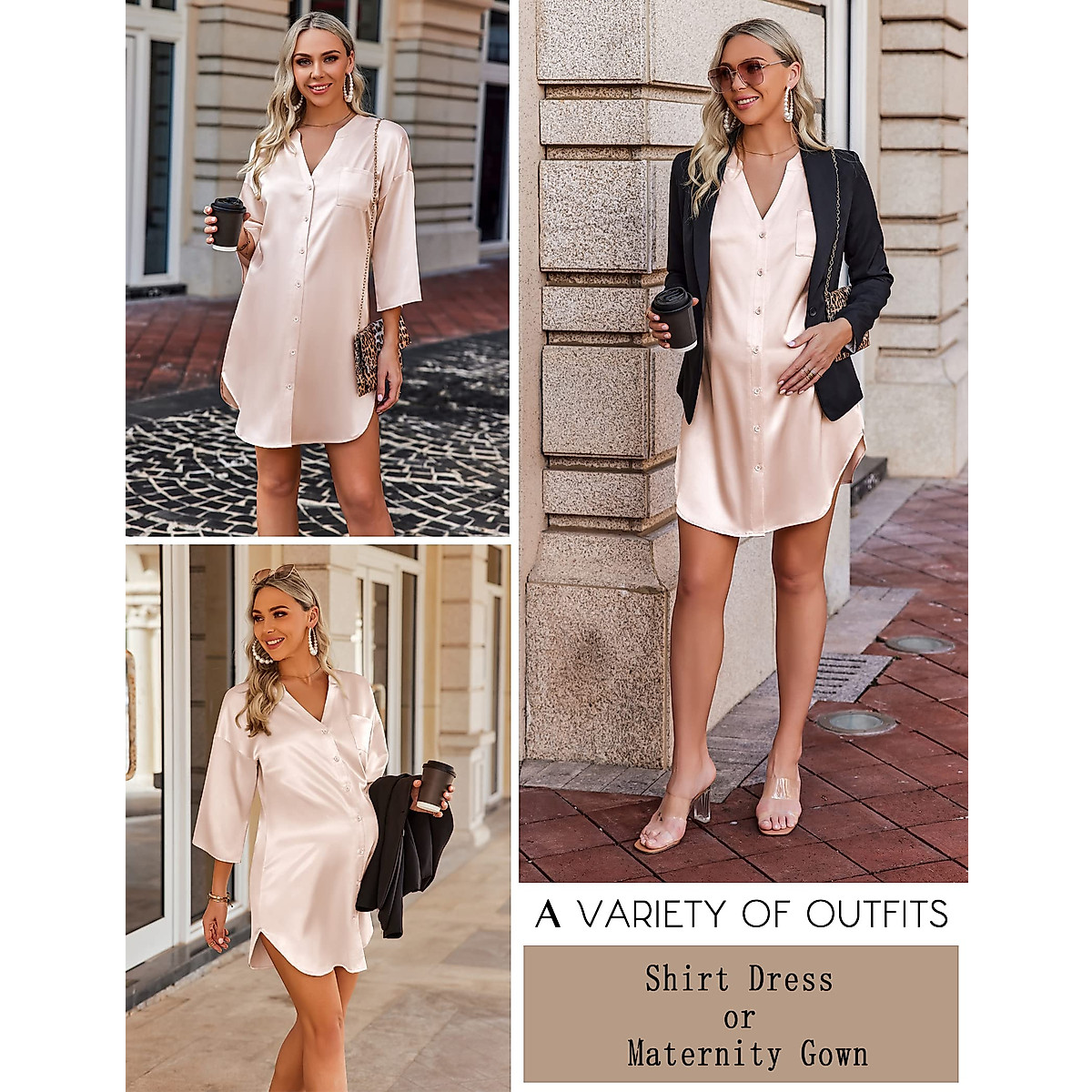 Ekouaer Women's Satin Nightgown 3/4 Sleeve Sleepwear Button Down Sleep Shirt Silk Nighty Pajama Top