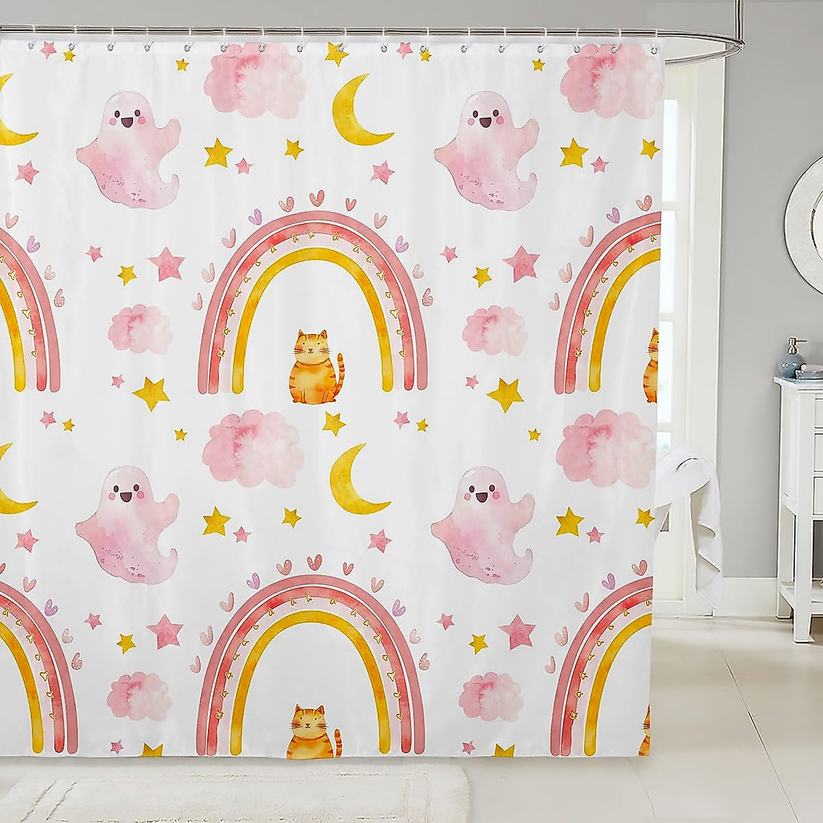 Halloween Rainbow Halloween Shower Curtain Gothic Bath Curtain Cute Ghost Bathroom Accessories 72"Wx78"L,Galaxy Moon Stars Clouds Toddler Kawaii Cat Kitten Halloween Decorations Pink Room Decor