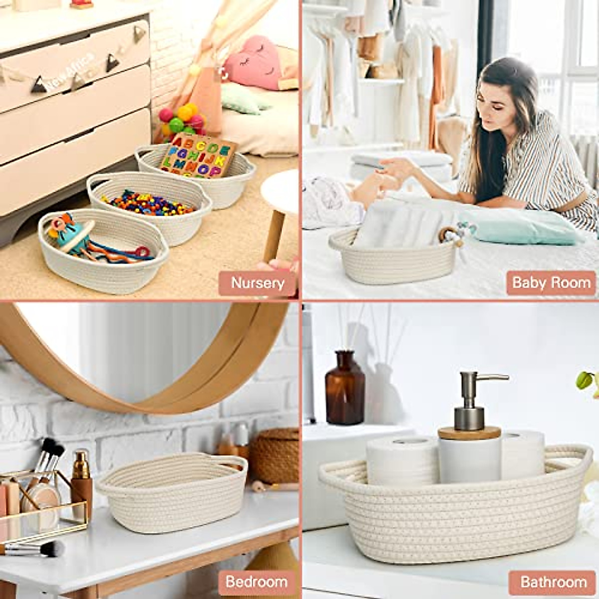 MZVUL Cotton Rope Storage Basket, 5 PCS Woven Baskets for Organizing, Toy Storage Small Baskets, Cuboid Woven Storage Basket with Handles for Baby Nursery, Bathroom Organizer Bins (Beige)