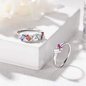 AILIN Custom Rectangular Birthstone Rings For Women 925 Sterling Silver Cubic Zirconia Stackable Statement Rings Personalized 1-6 Stones Anniversary Rings For Mom Family Gifts For Grandmother Mother