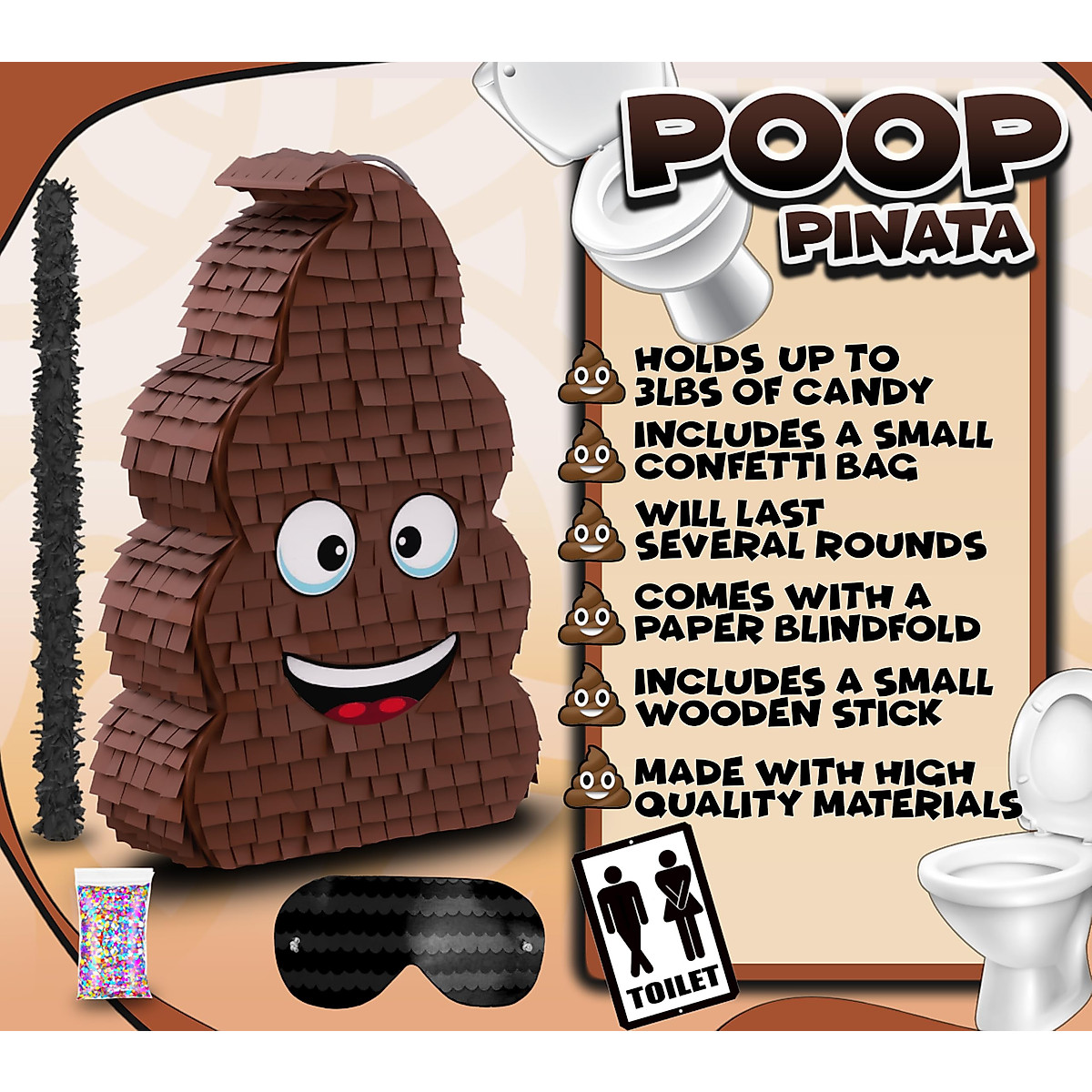 Funny Poop Piñata 4-Piece Set perfect for Birthday Parties, Decorations, Emoticon Parties, Fun shape, Great Party Addition for kids, teens, and adults (17”X10”) durable!
