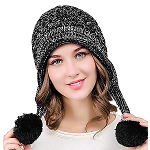 DOCILA Winter Knit Hats for Women Soft Faux Fur Pom Ear Flaps Beanie Warm Travel Ear Covers Peruvian Hat Fleece Liner Sherpa Skii Snow Camping Skully Cap (Black)