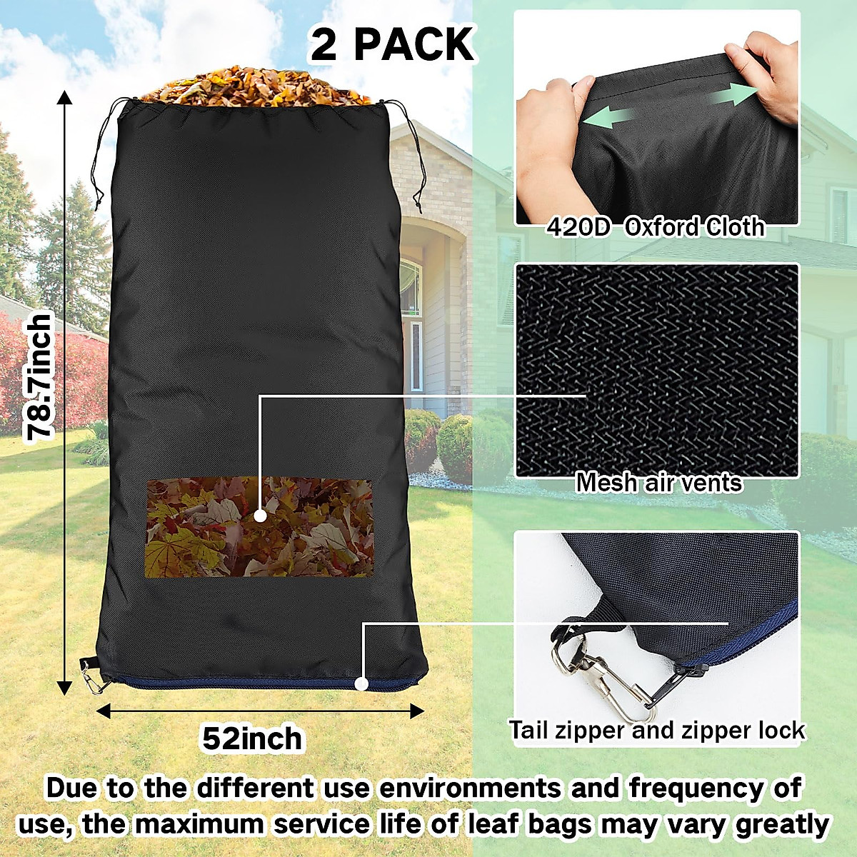 Patelai Lawn Tractor Leaf Bag Grass Catcher Bag for Riding Lawn Mower, 78.7 x 52 Inch Reusable Large Capacity Leaf Bag with Zipper and Vent for Leaf Collection, Heavy Duty Material Collection Systems