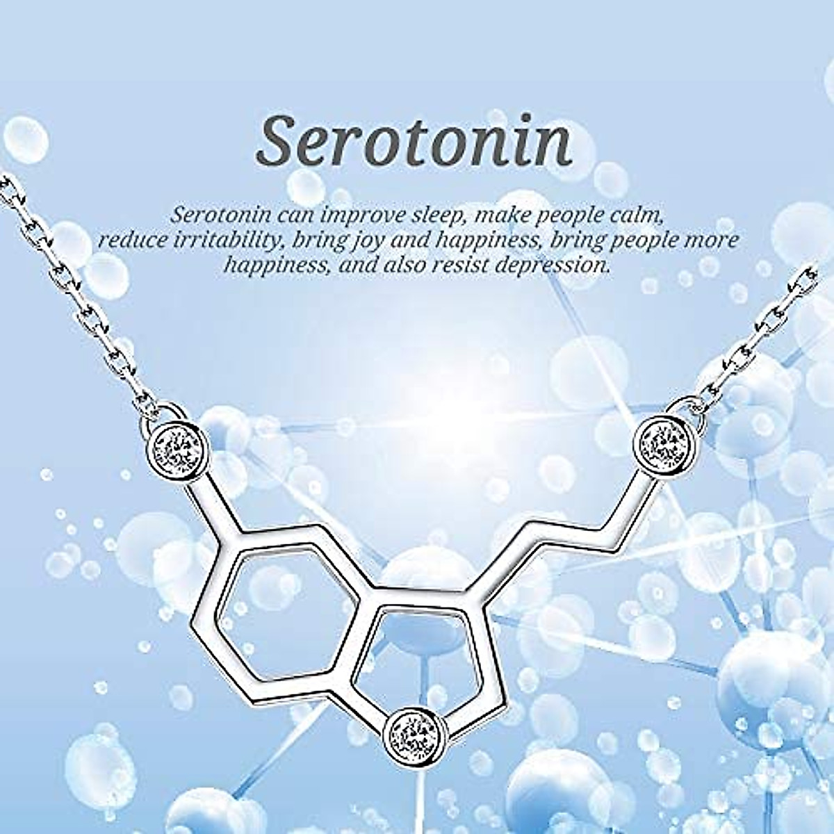 925-Sterling-Silver Hormone Serotonin-Molecule neckalce - Caffeine Molecule dopamine Pendent Necklace for Women,Teacher, Professor, Chemistry Graduates, Science Jewelry Lovers (White-Gold)