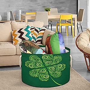 Lucky 4 Leaf Clover Dark Green Large Round Baskets for Storage Laundry Baskets with Handles Blanket Storage Basket for Bathroom Shelves Bins for Organizing Nursery Hamper Girl Boy