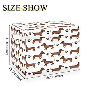 Vnurnrn Collapsible Storage Bins with Lids, Dachshund Dog Paw Print Foldable Storage Boxes, Storage Box Cube with Lid for Clothes,Bedroom,Toys,16.5x12.6x11.8 Inch