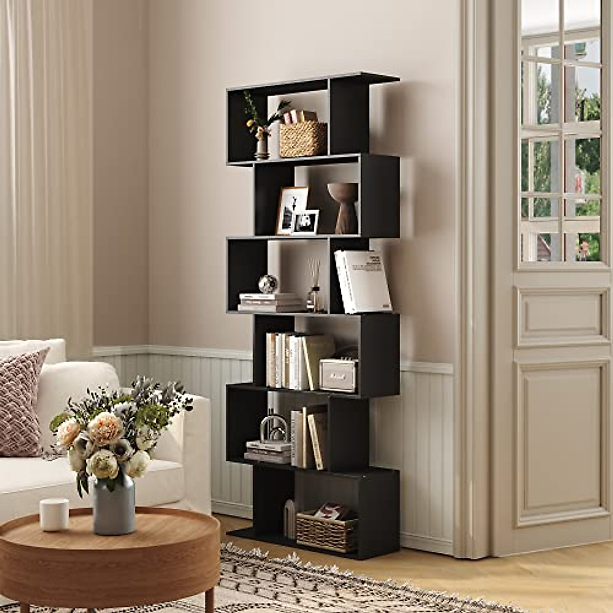 HOMEFORT Wooden Geometric Bookshelf,6-Tier S-Shaped Bookcase,6 Shelf Morden Bookshelves,Unique Freestanding Tall Book Shelf and Book Case for Bedroom and Living Room Home Office,Black