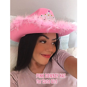 JIANGLAI Cowboy Hat with Heart Shaped Sunglasses, Feather Cowgirl Hat for Halloween, Bachelorette Party (Pink)
