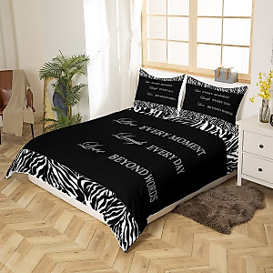 Castle Fairy Zebra Skin Printed Bedding Set,Black and White Comforter Cover Set for Teens Women Room Decor,Live Laugh Love Duvet Cover Breathable Animals Stripes Bedspread Cover Full Size