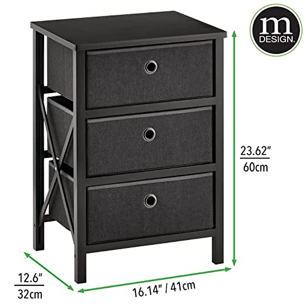mDesign 3 Drawer Foldable Dresser Storage Unit - Wood Frame, Easy Pull Fabric Bins - Farmhouse Organizer Unit for Household Storage Bedroom, Hallway, Entryway, Closets - Black