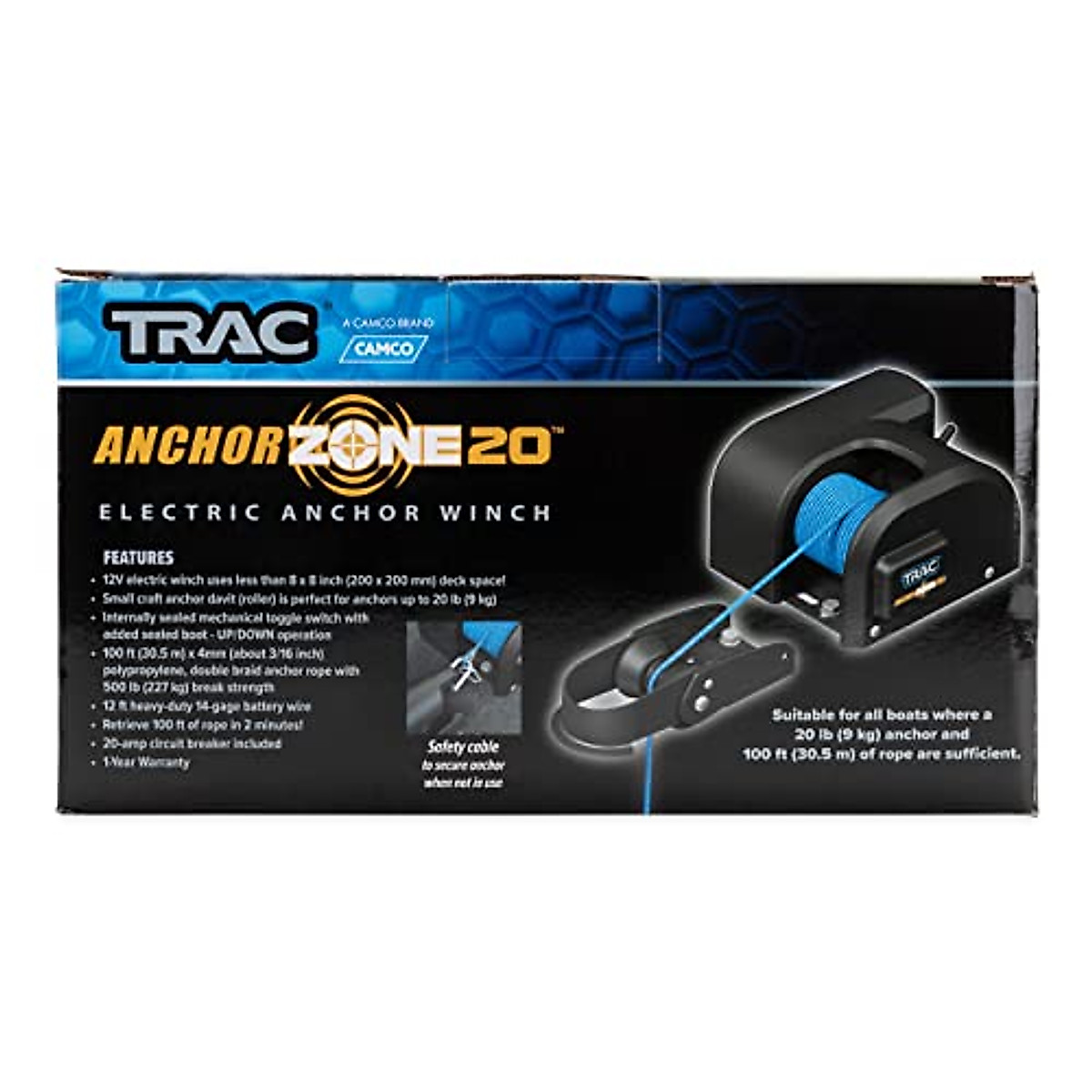 Camco TRAC Outdoors AnchorZone 20 Electric Anchor Winch | Features a High-Efficiency 12-Volt DC All-Steel Gear Motor, 100-Feet of Pre-Wound Braided Rope, and has a Max Capacity of 20lbs (69000)