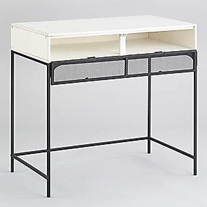 Farmhouse Office Desk - Rustic Desk with Wire Covered Storage - White