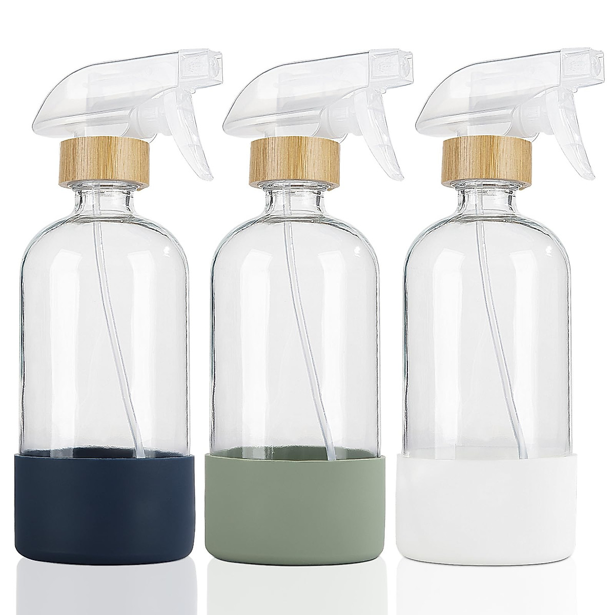 HOMBYS Empty Bamboo Glass Spray Bottles with Silicone Sleeve Protection - Refillable 17 oz Clear Glass Containers for Cleaning Solutions, Essential Oils, Misting Plants - Quality Sprayer - 3 Pack