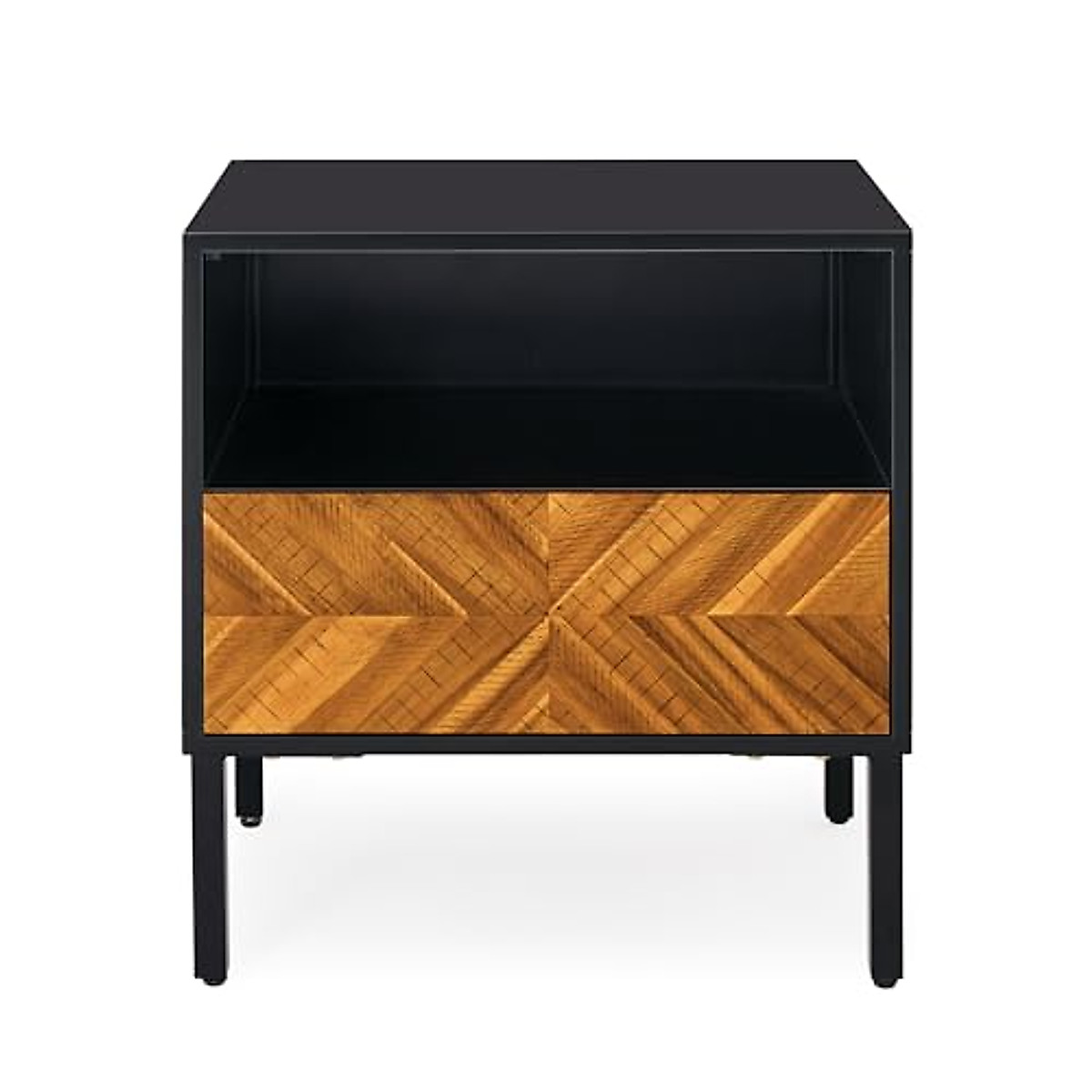 Bme Vivian Solid Wood Nightstand, End Table, Bedside Table with Herringbone Pattern for Rustic Bedroom, Easy Assembly, Rustic Golden Brown and Black