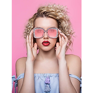 Frienda 6 Pairs Crystal Oversized Square Sunglasses Diamond Glitter Sunglasses Retro Thick Frame Sunglasses(Black, Tawny, Purple, Watermelon Red, Yellow, Silver)