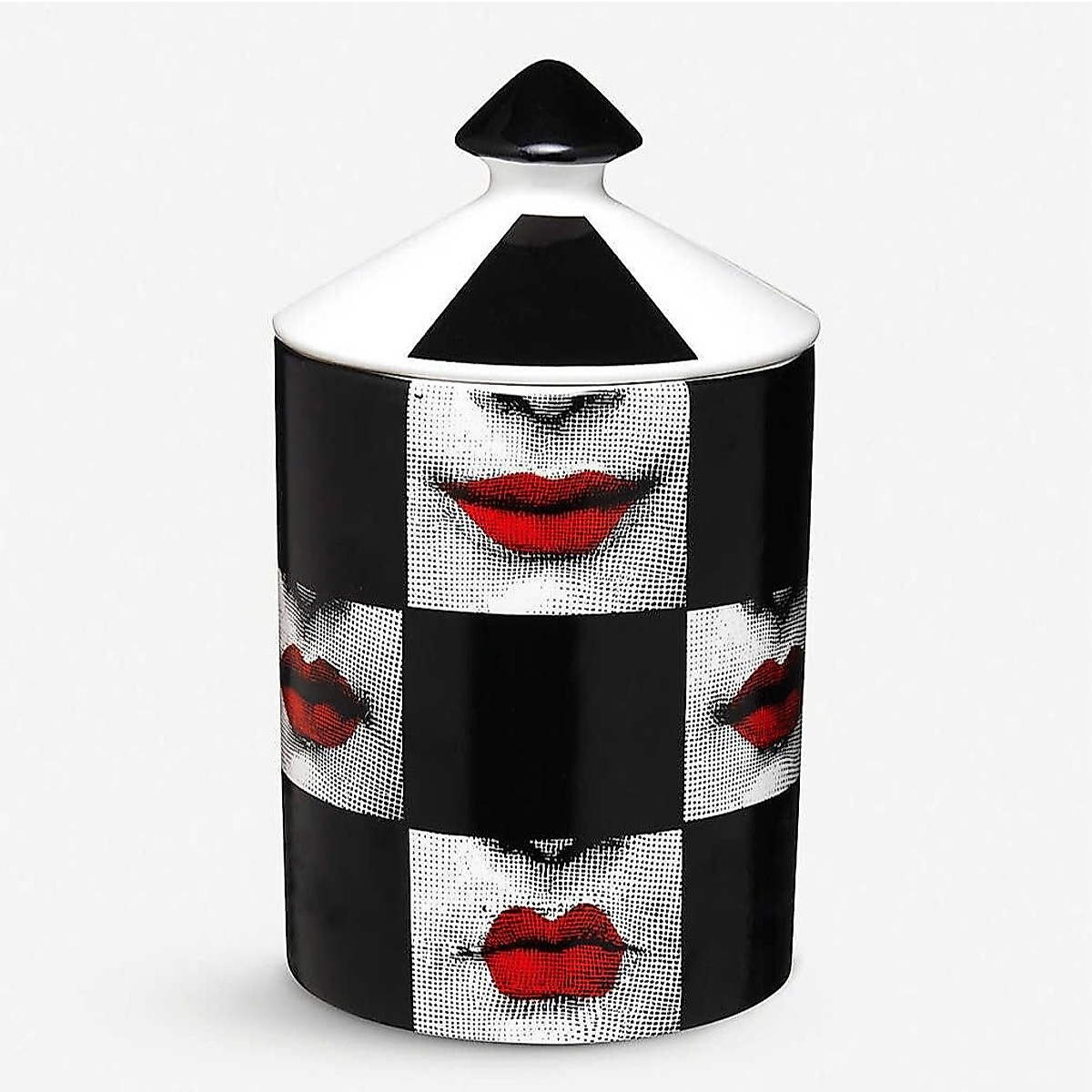 AlphaDesignLuxe Decorative Candle Holder Handcrafted Aromatherapy Candle Jar Italian Designer Décor Fashionable Tabletop Vase Modern Art Female Face Eyes Lips Centerpiece. (Red Lips Black Squares)
