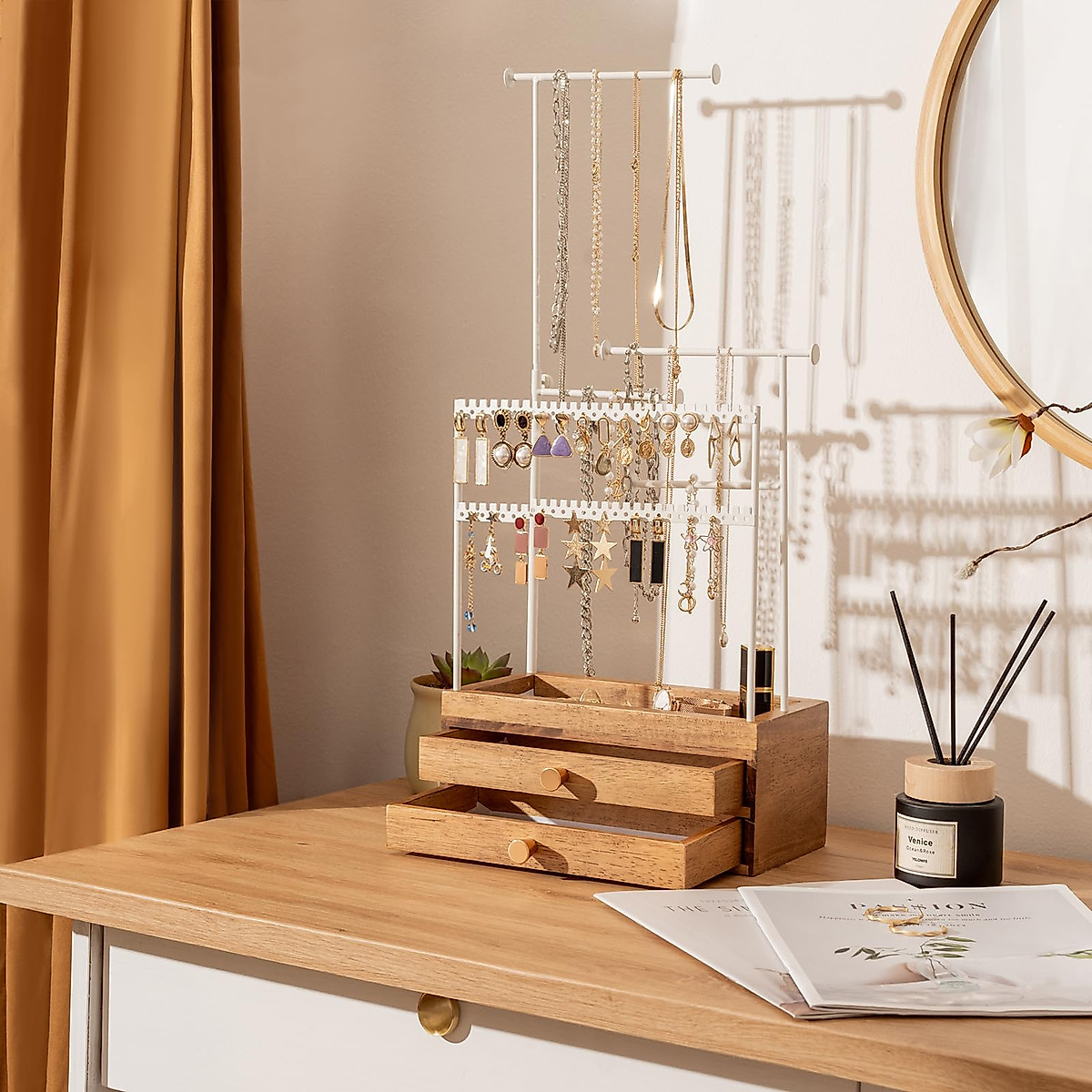 ProCase Jewelry Organizer Wooden Jewelry Box with 2 Drawers for Women Girls Mothers Day Gift, 5 Tiers Height Adjustable Jewelry Holder Organizer Necklace Stand Earring Storage Rack -White