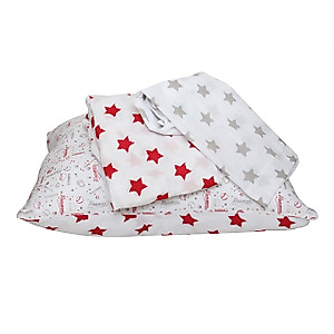 Bacati - Muslin Sports 4 Piece Boys Toddler Bedding Set 100 Percent Cotton Includes Reversible Comforter, Fitted Sheet, Top Sheet, and Pillow Case (4 pc Toddler Bedding Set, Baseball Red/Grey)