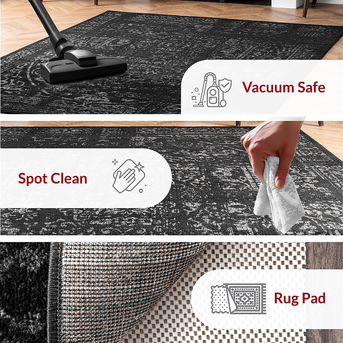 nuLOOM Arlena Vintage Traditional Area Rug - 4x6 Area Rug Modern/Contemporary Black/Grey Rugs for Living Room Bedroom Dining Room Kitchen