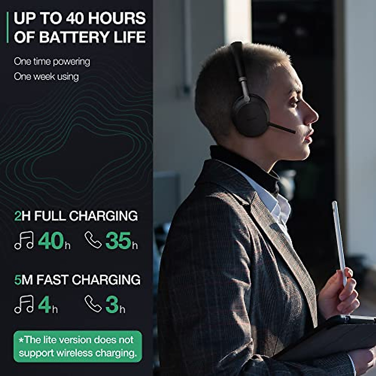 Yealink BH72 lite Bluetooth Headset Wireless Headset with Microphone Teams Zoom Certified Headset Office Headphone Stereo Noise Canceling Mic, Retractable Hidden Microphone Arm, 35H Talk Time, Black