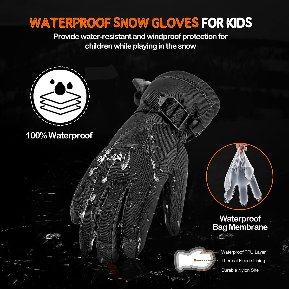Hikenture Waterproof Kids Snow Gloves,3M Thinsulate Winter Gloves for Boys &Girls,Insulated Ski Gloves for Youth,Childrens,Age 10-12(Black L)