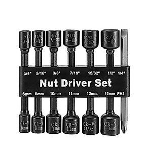 MacWork 14PC Power Magnetic Nut Driver Drill Bit Set Socket Bit Adapter metric&SAE Socket for Wrench Screw 1/4" Driver Hex