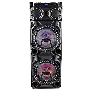 QFX PBX-1212 Bluetooth Rechargeable Dual 12” Woofer with 1” Tweeter Speaker System with Microphone Input, Guitar Input, Aux Input, USB Port, SD Card Port, TWS, Recording, FM Radio, LED Party Lights