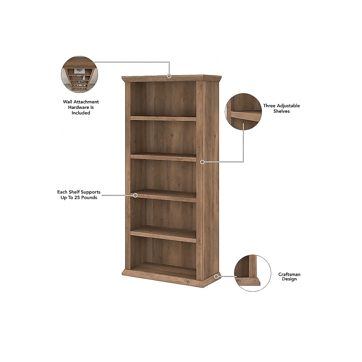 Bush Furniture Yorktown Tall 5 Shelf Bookcase, Reclaimed Pine