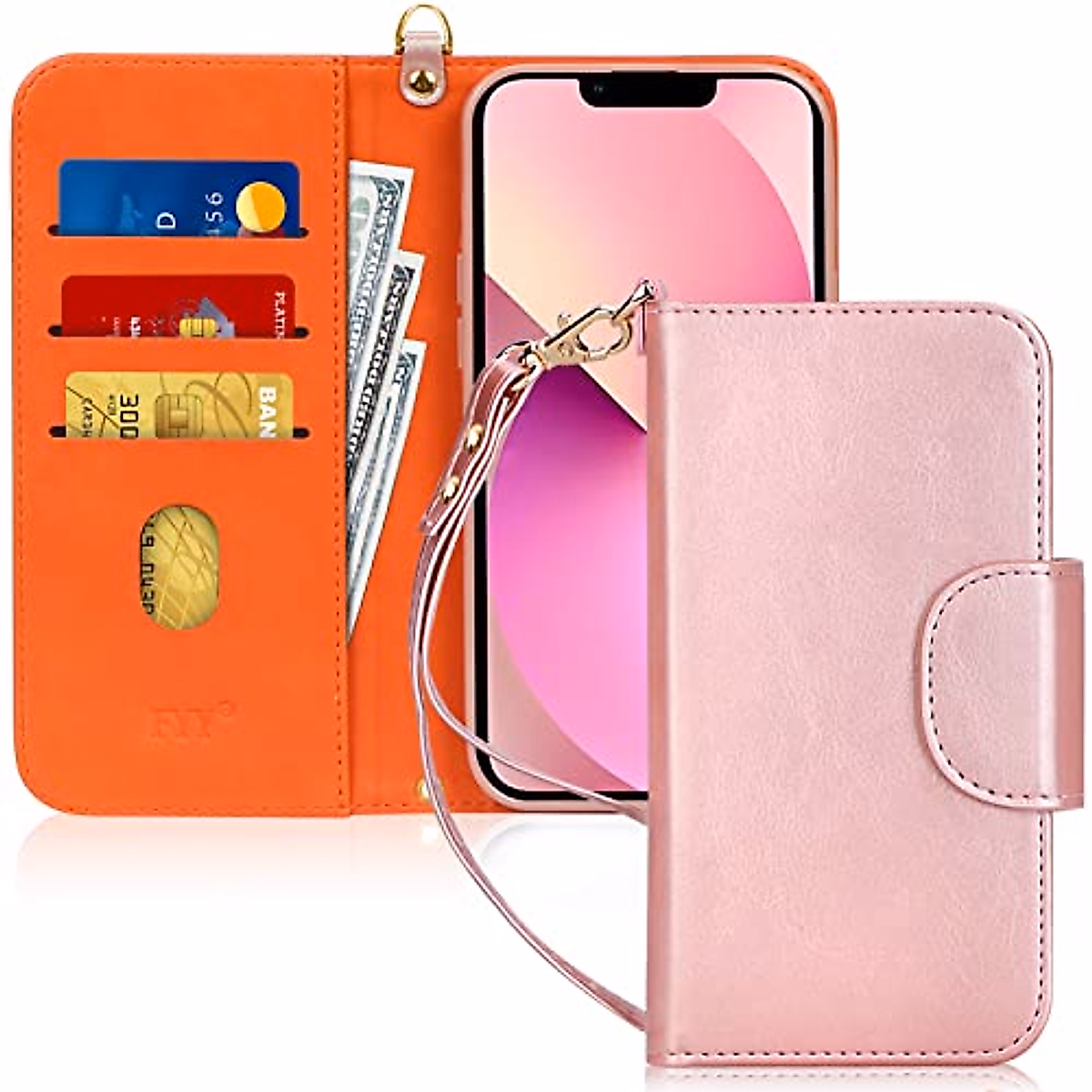 FYY Compatible with iPhone 13 Case, [Kickstand Feature] Luxury PU Leather Wallet Case Flip Folio Cover with [Card Slots] and [Note Pockets] Case for iPhone 13 5G 6.1" Rose Gold