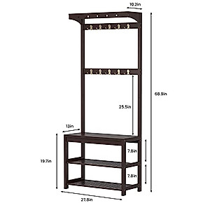 SEIRIONE Bamboo Coat Rack Shoe Bench, 5 in 1 Design Freestanding Hall Tree for Entryway Storage Organizer, 10 Hanger Hooks, 1 Upper Shelf, Easy Assembly,Dark Brown